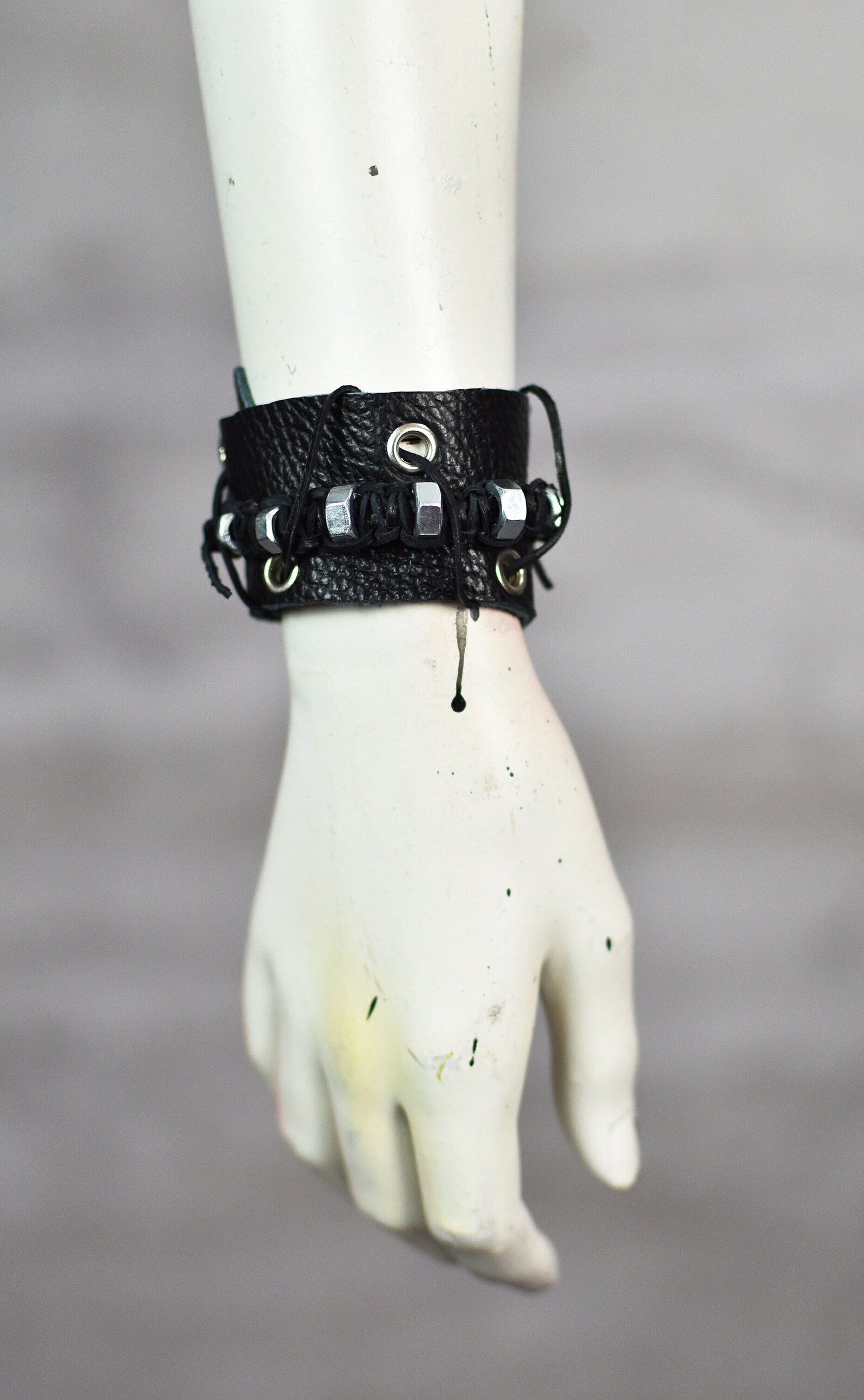 Industrial Nut Bracelet - Metalhead Leather Cuff - Leather Macrame Knot ...