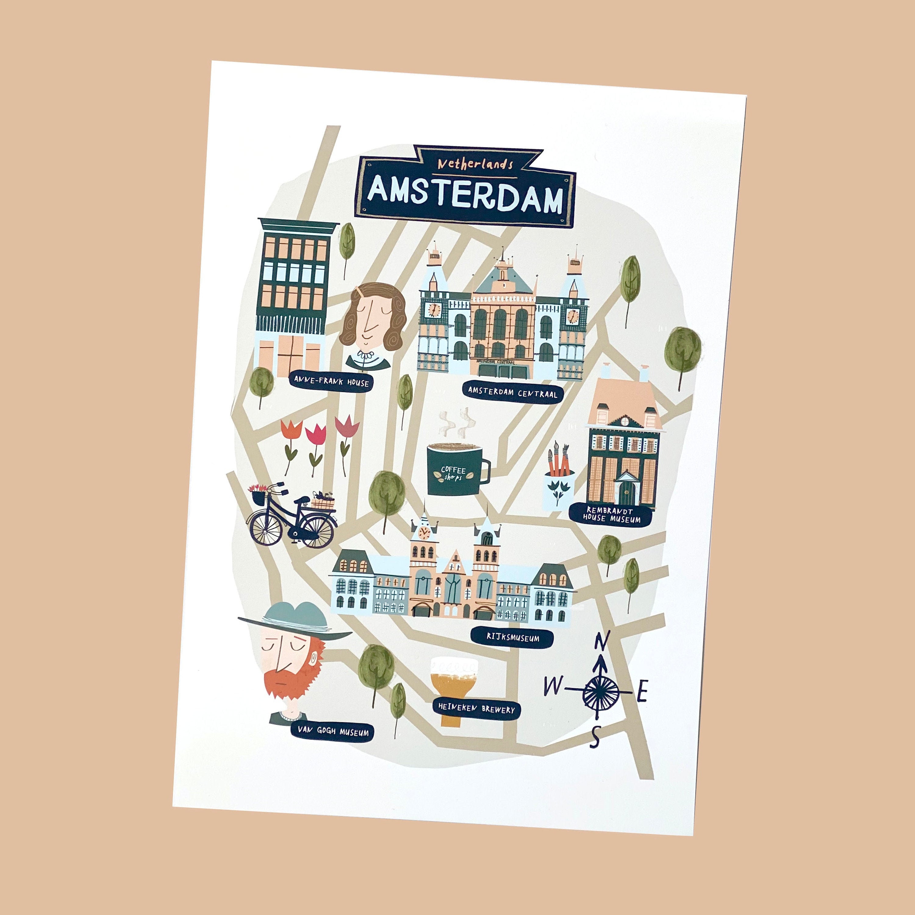 Amsterdam Map Illustration Holland Map Art Amsterdam - Etsy
