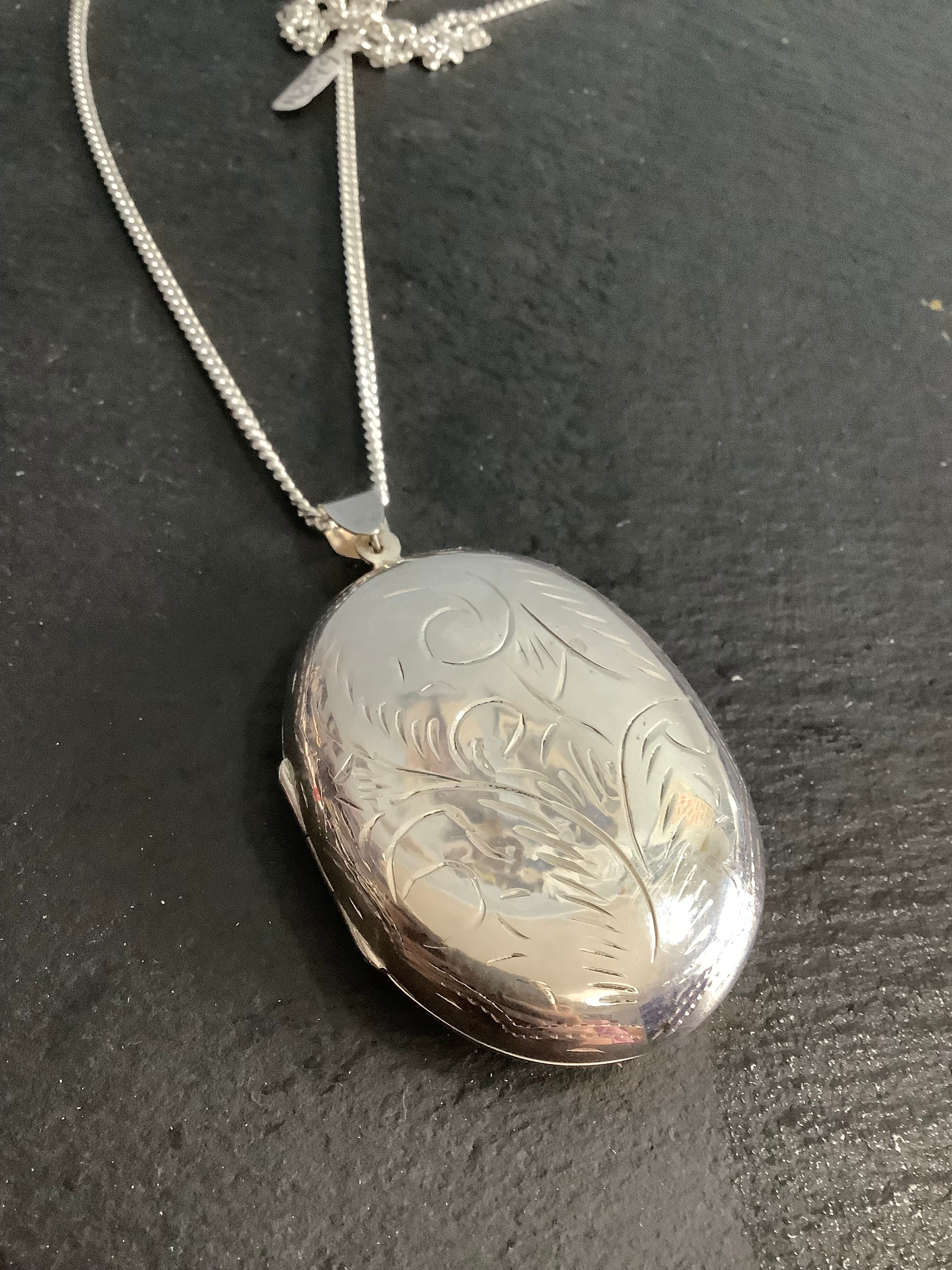 Sterling Silver Large Oval Locket On Long Chain