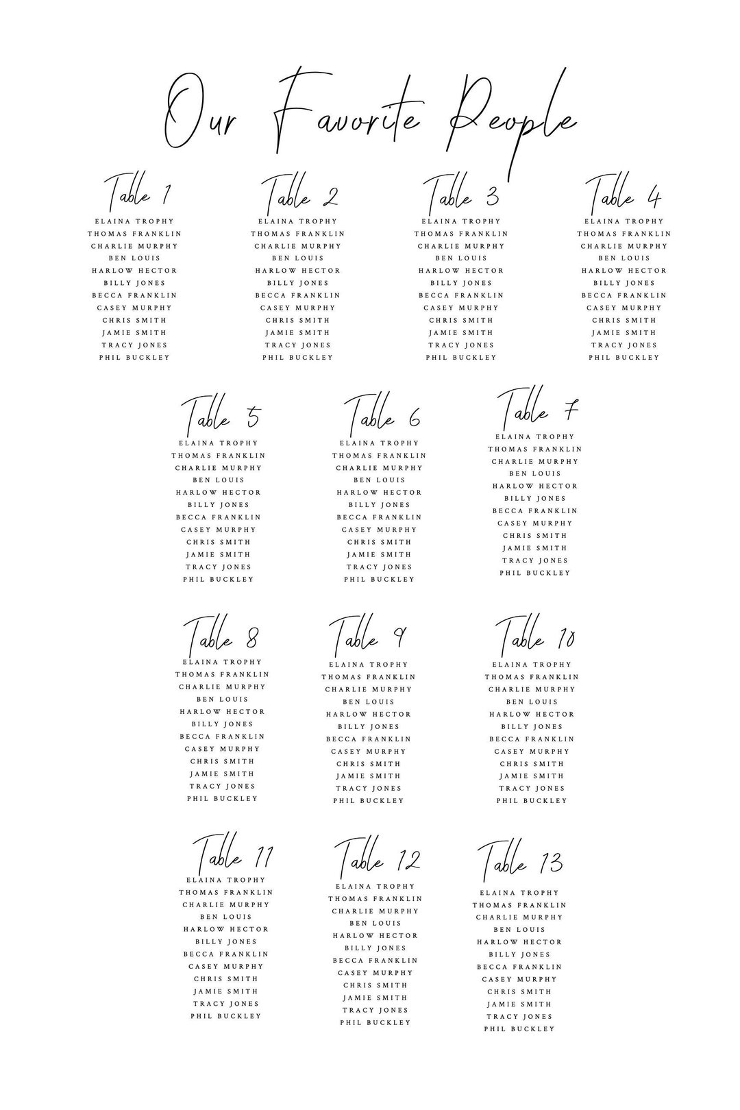 Seating Chart for 13 Tables - Our Favorite People - 28"x36" - Etsy