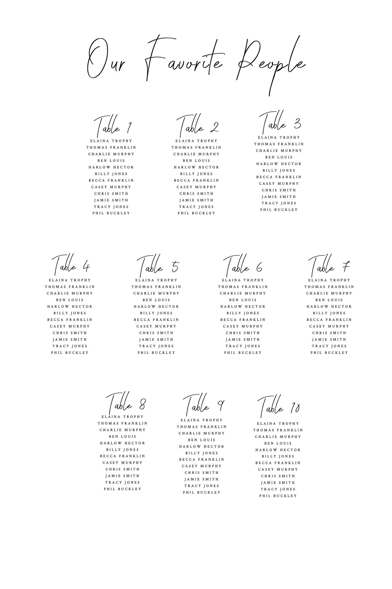 Seating Chart for 10 Tables - Our Favorite People - 28"x36" - Etsy