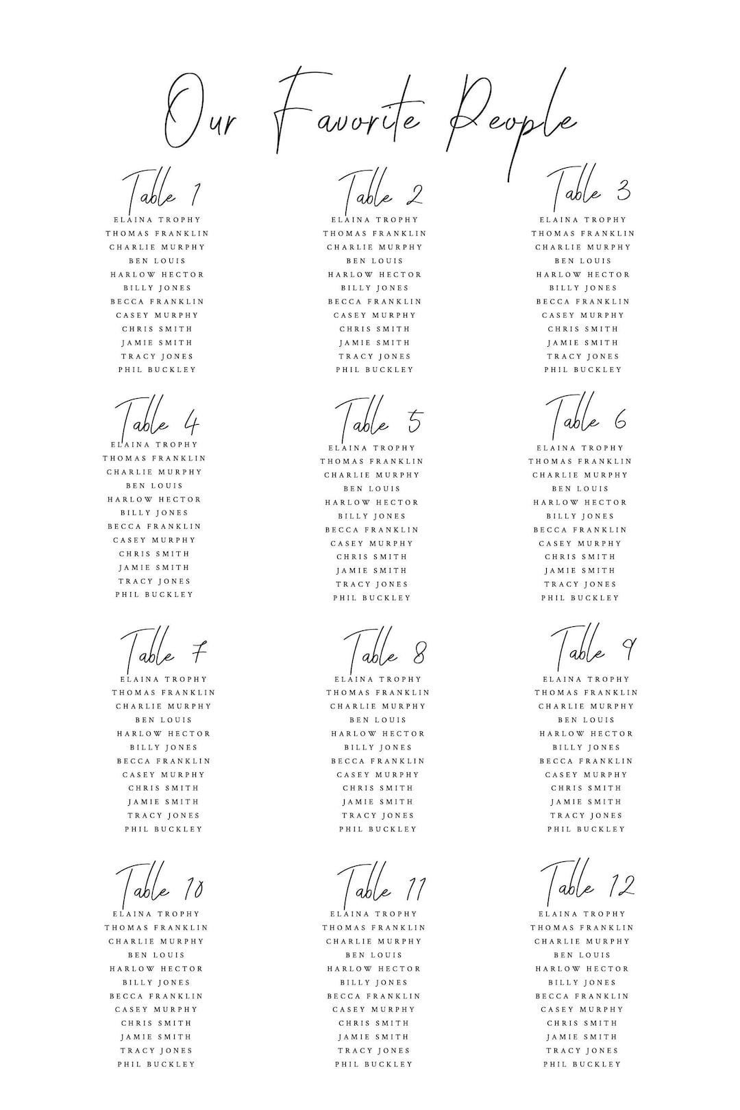 Seating Chart for 12 Tables - Our Favorite People - 28"x36" - Etsy
