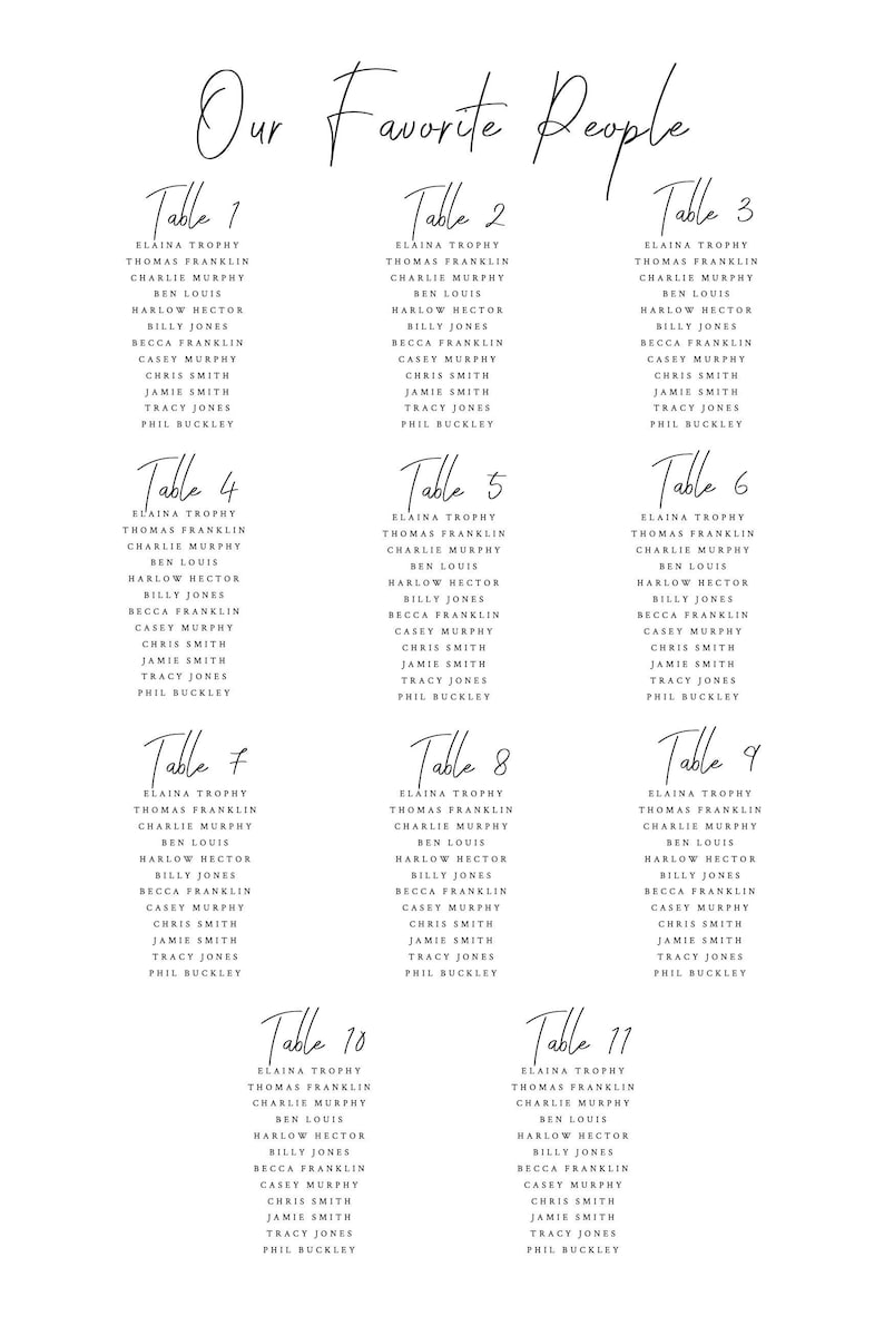 Seating Chart for 11 Tables - Our Favorite People - 28"x36" - Etsy