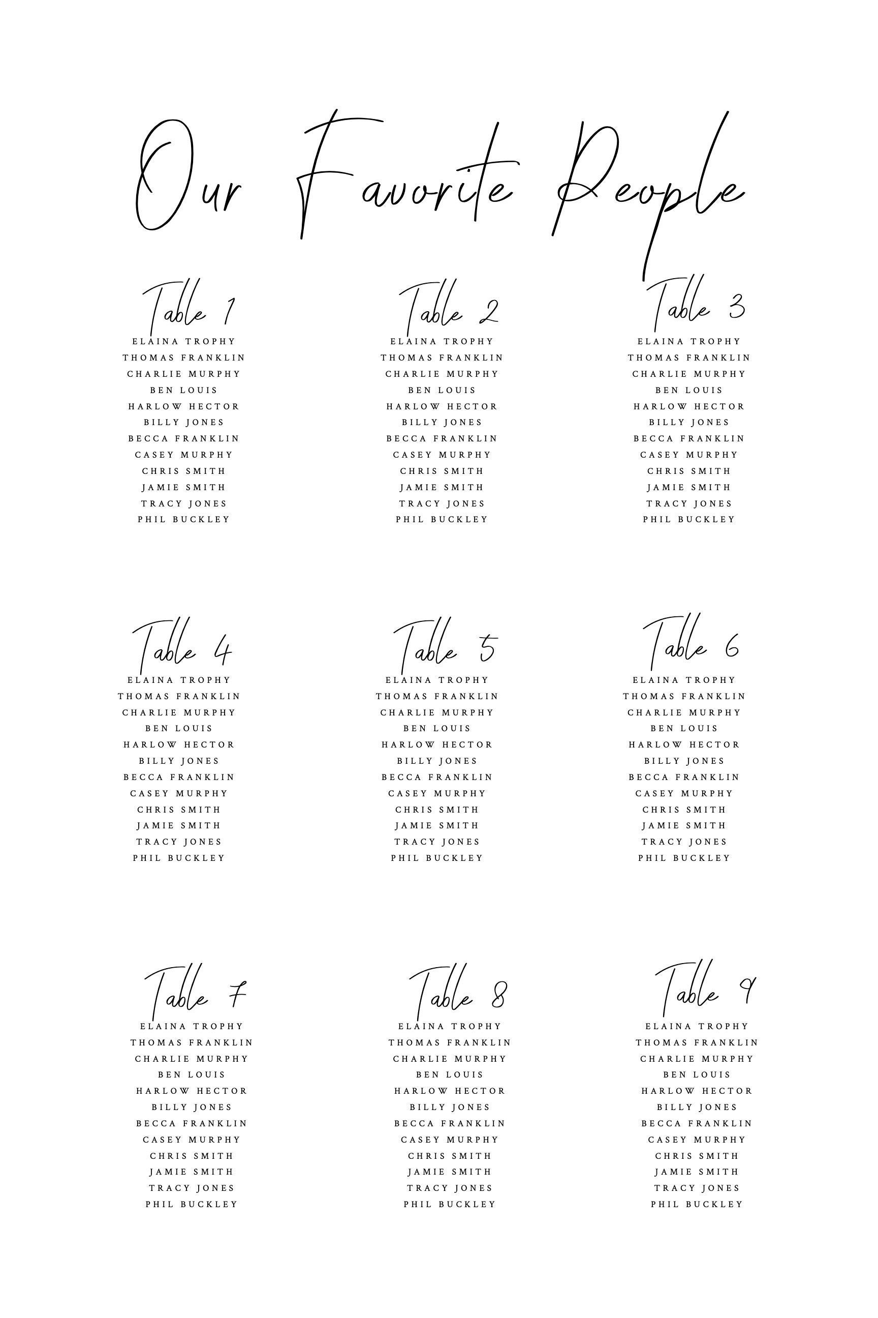 Seating Chart for 9 Tables - Our Favorite People - 28"x36" - Etsy