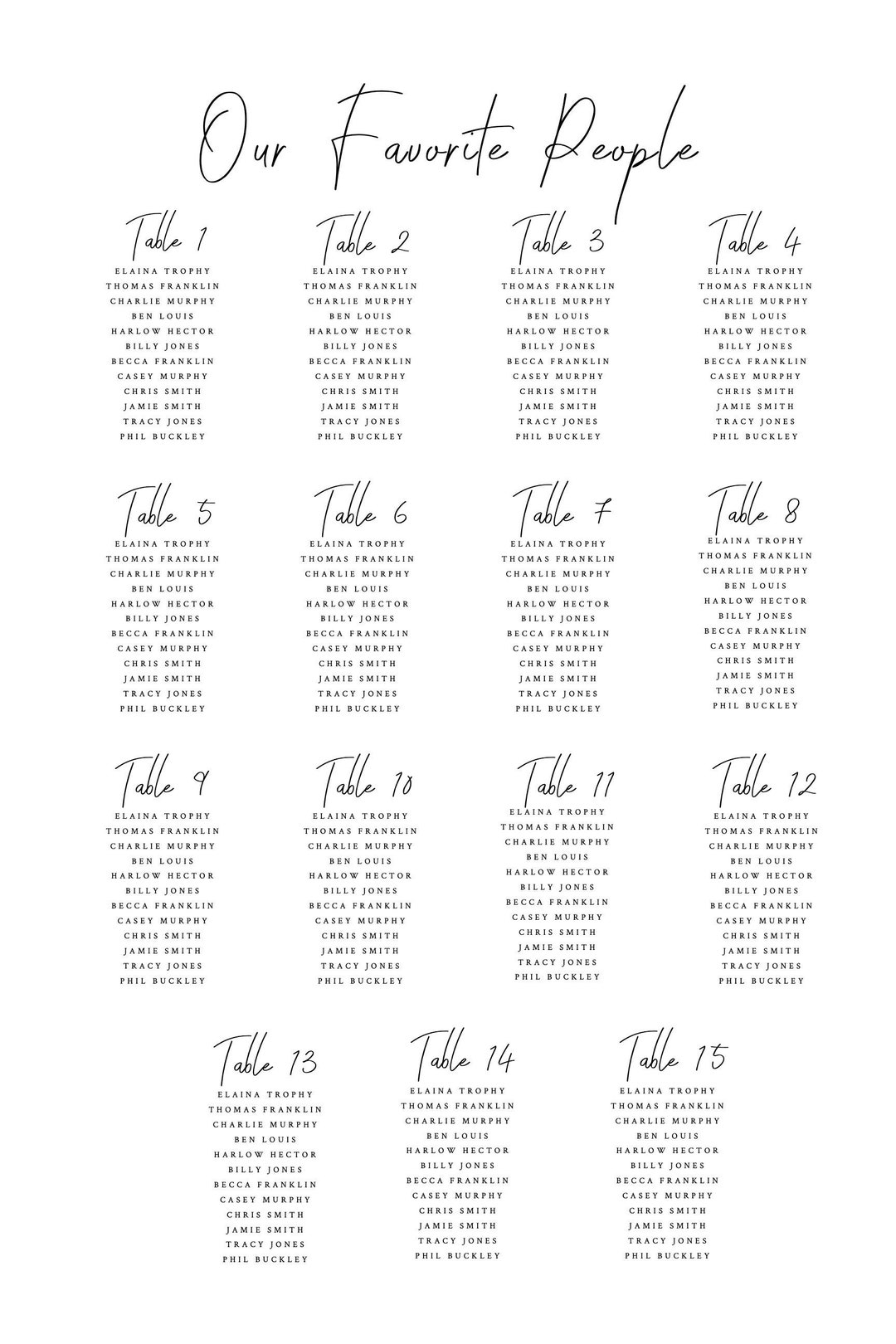 Seating Chart for 15 Tables - Our Favorite People - 28"x36" - Etsy