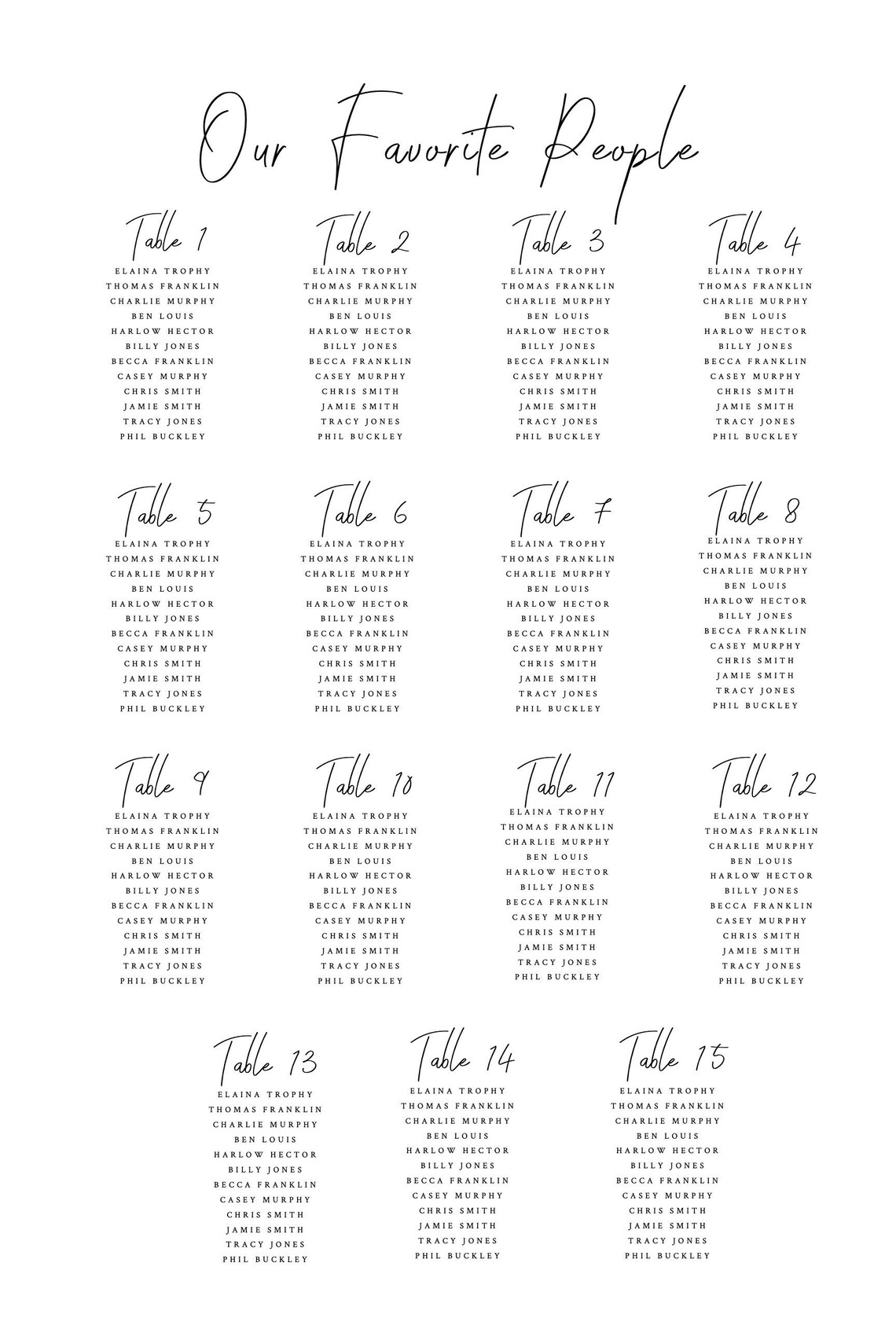Seating Chart for 15 Tables - Our Favorite People - 28"x36" - Etsy