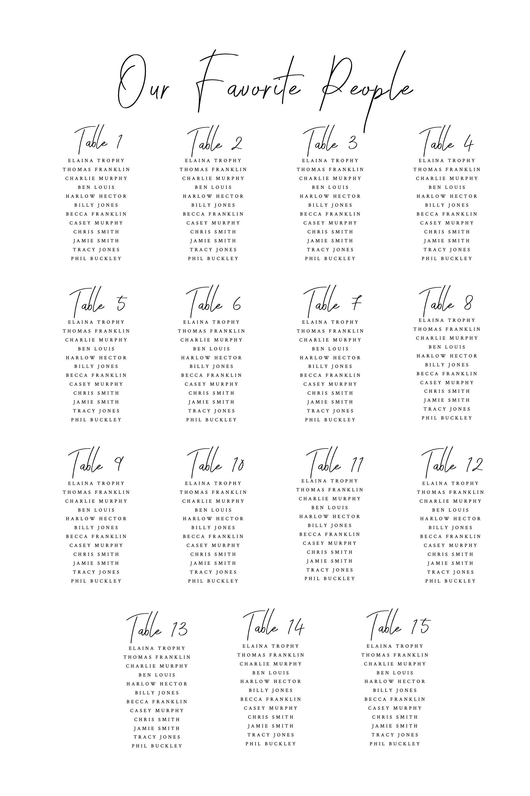 Seating Chart for 15 Tables - Our Favorite People - 28"x36" - Etsy