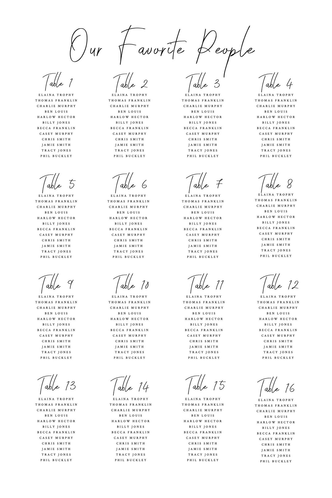 Seating Chart for 16 Tables - Our Favorite People - 28"x36" - Etsy