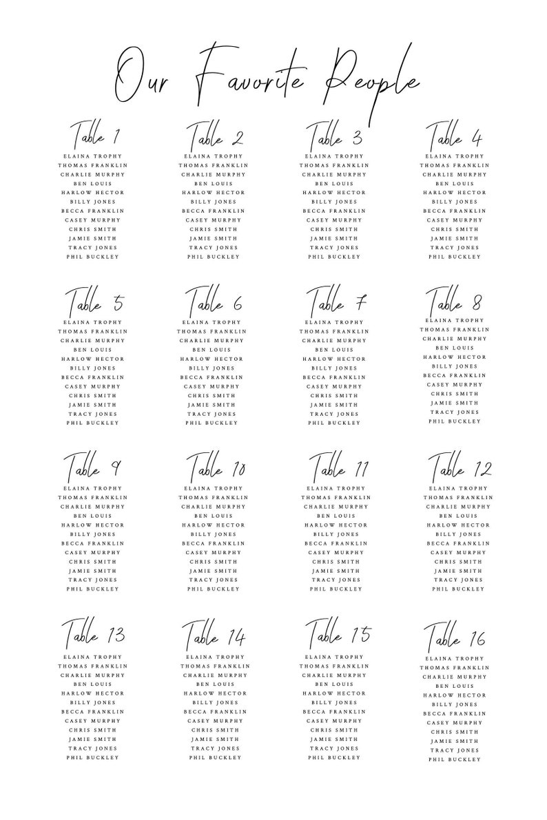 Seating Chart for 16 Tables - Our Favorite People - 28"x36" - Etsy