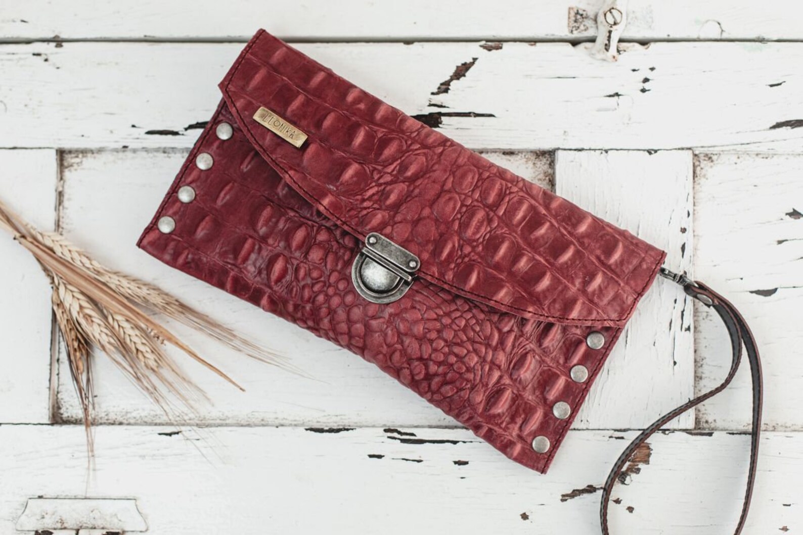 Croc Print Leather Wallet, RED Studded Clutch Bag, Hand Made RED ...