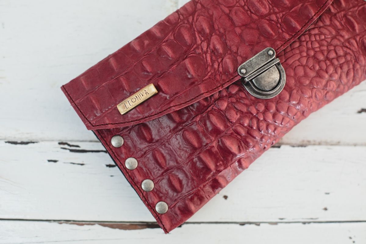 Croc Print Leather Wallet, RED Studded Clutch Bag, Hand Made RED ...