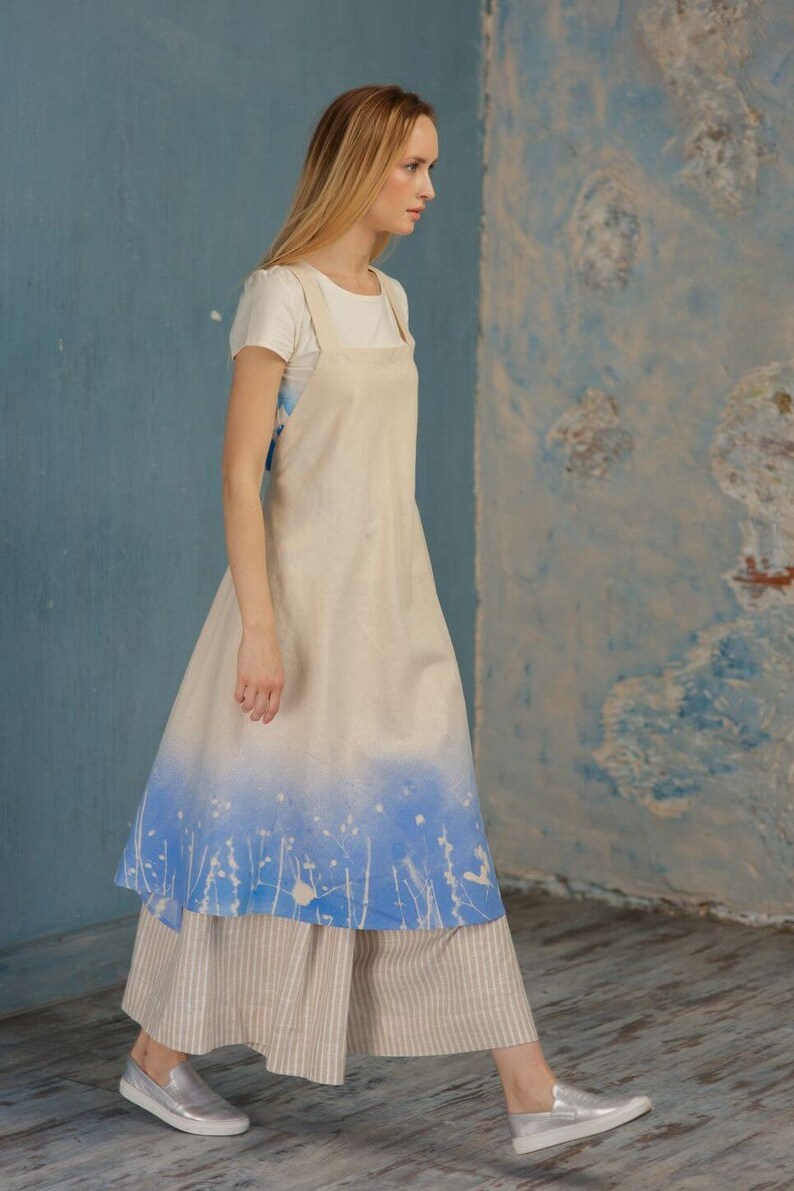 Hemp Natural Midi Dress with Handmade Herbal Print Linen Apron | Etsy