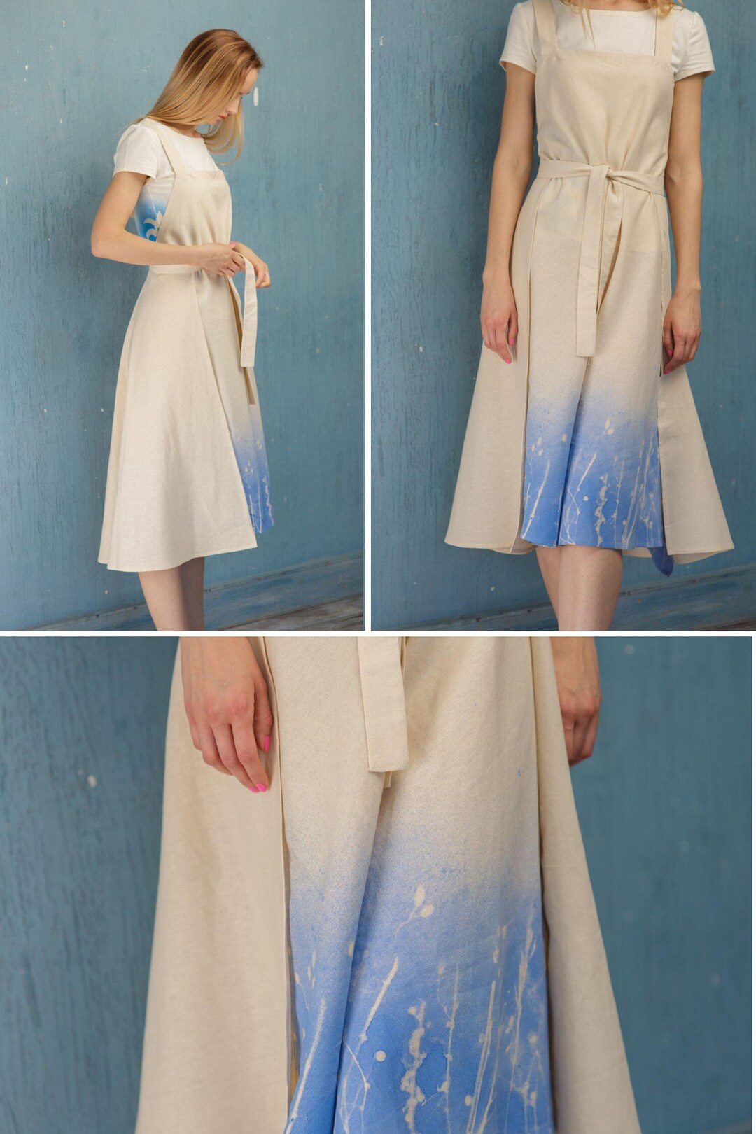 Hemp Natural Midi Dress With Handmade Herbal Print Linen Apron Dress ...
