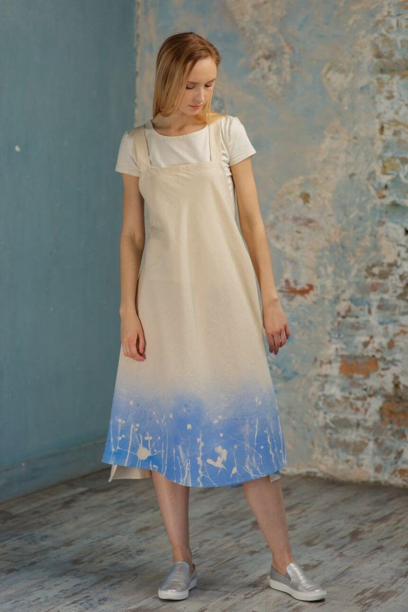 Hemp Natural Midi Dress with Handmade Herbal Print Linen Apron | Etsy