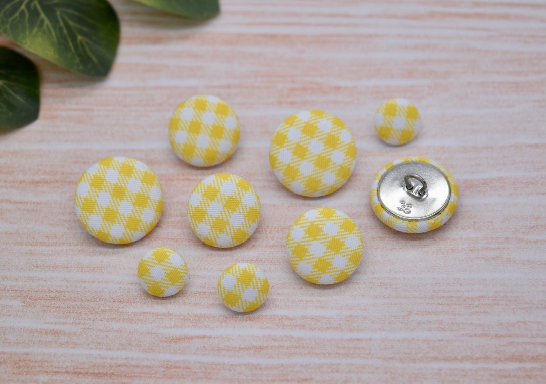 Set of 5 Yellow Gingham Style Pattern Handmade Fabric Covered Shank ...
