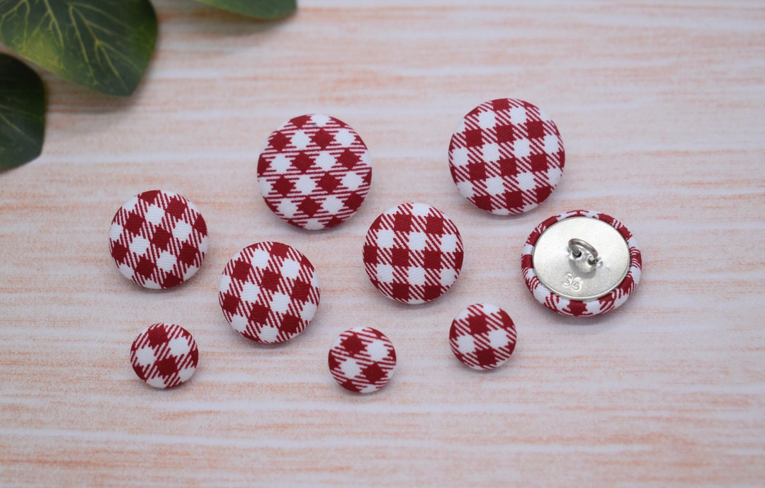 Set of 5 Red Gingham Style Pattern Handmade Fabric Covered Shank ...