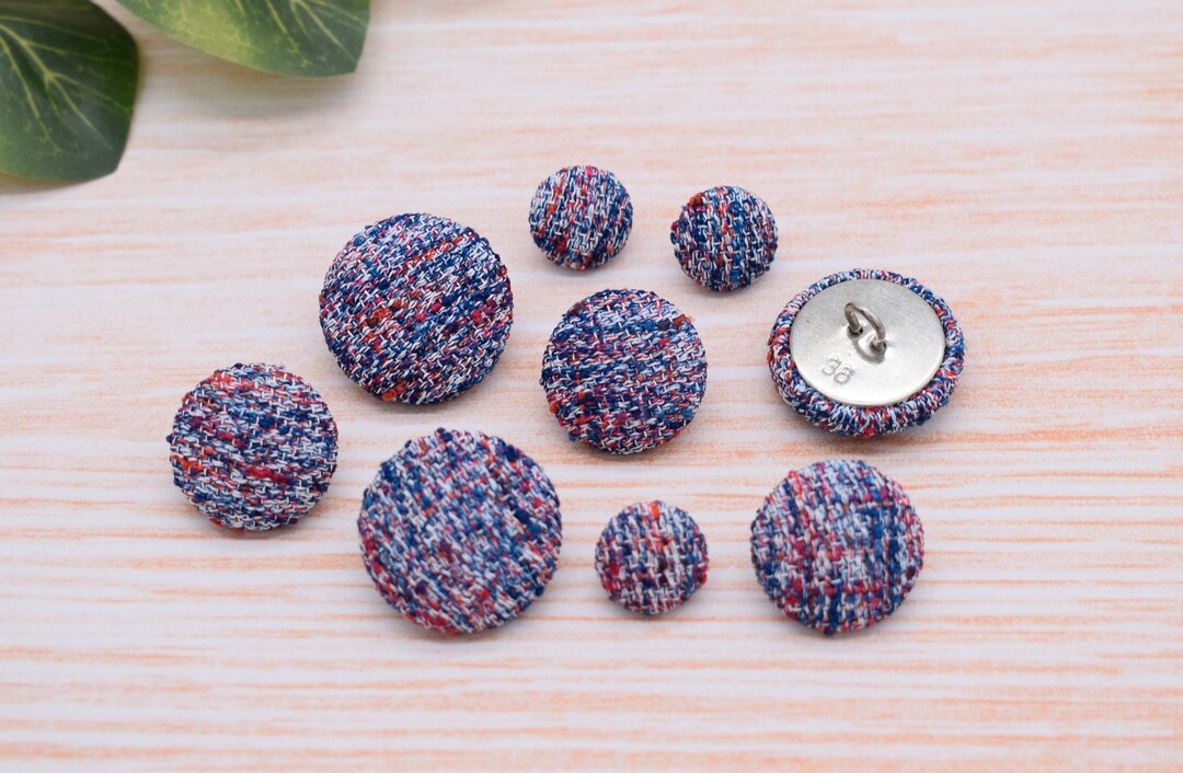 Blue, Red and White Tweed Style Design Fabric Handmade Covered Shank ...