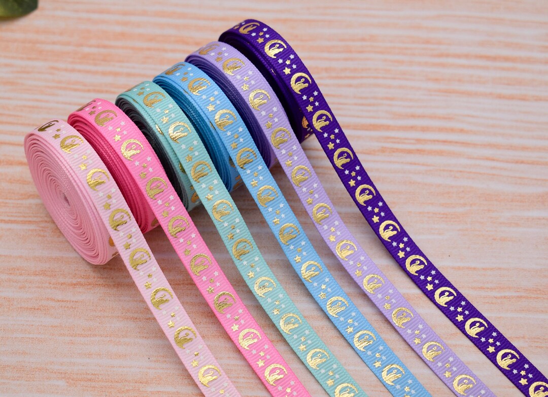 10mm Colourful Gold Cat in the Moon and Stars Grosgrain Ribbon 3 Metres ...