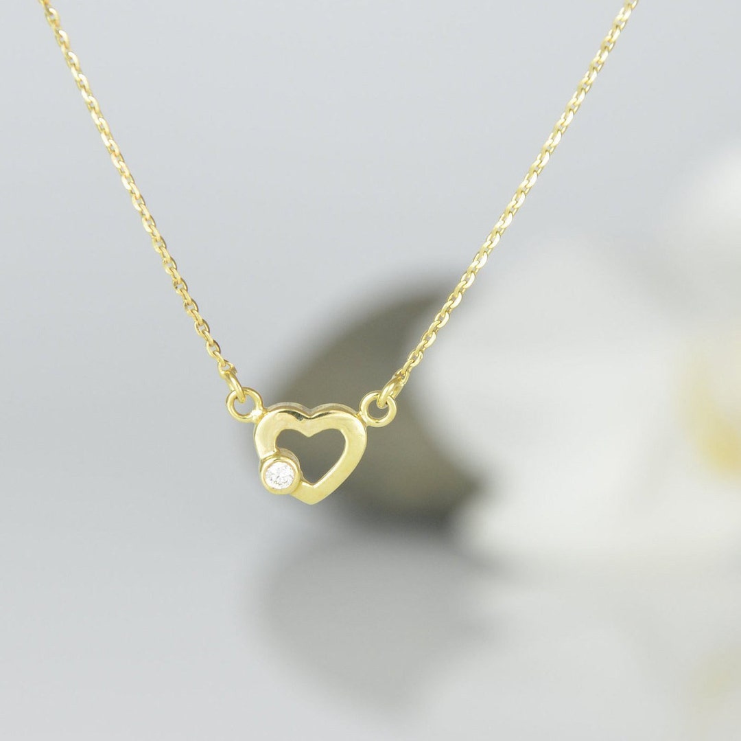 Gold Heart Necklace, Diamond Heart for Her, Minimalist Heart Chain, 14k ...