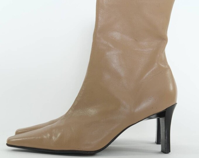2000s Pointed Toe Booties. Y2K Vintage Leather Italian Caramel Block ...