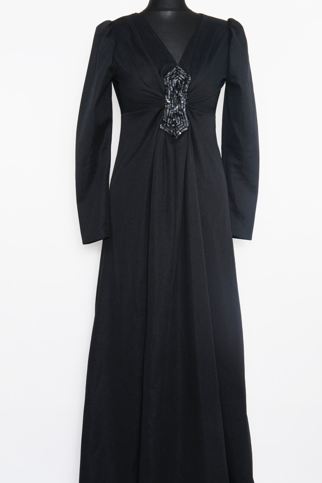 70s Prom Dress. Vintage Black Evening Dress . Dress Decorated With ...