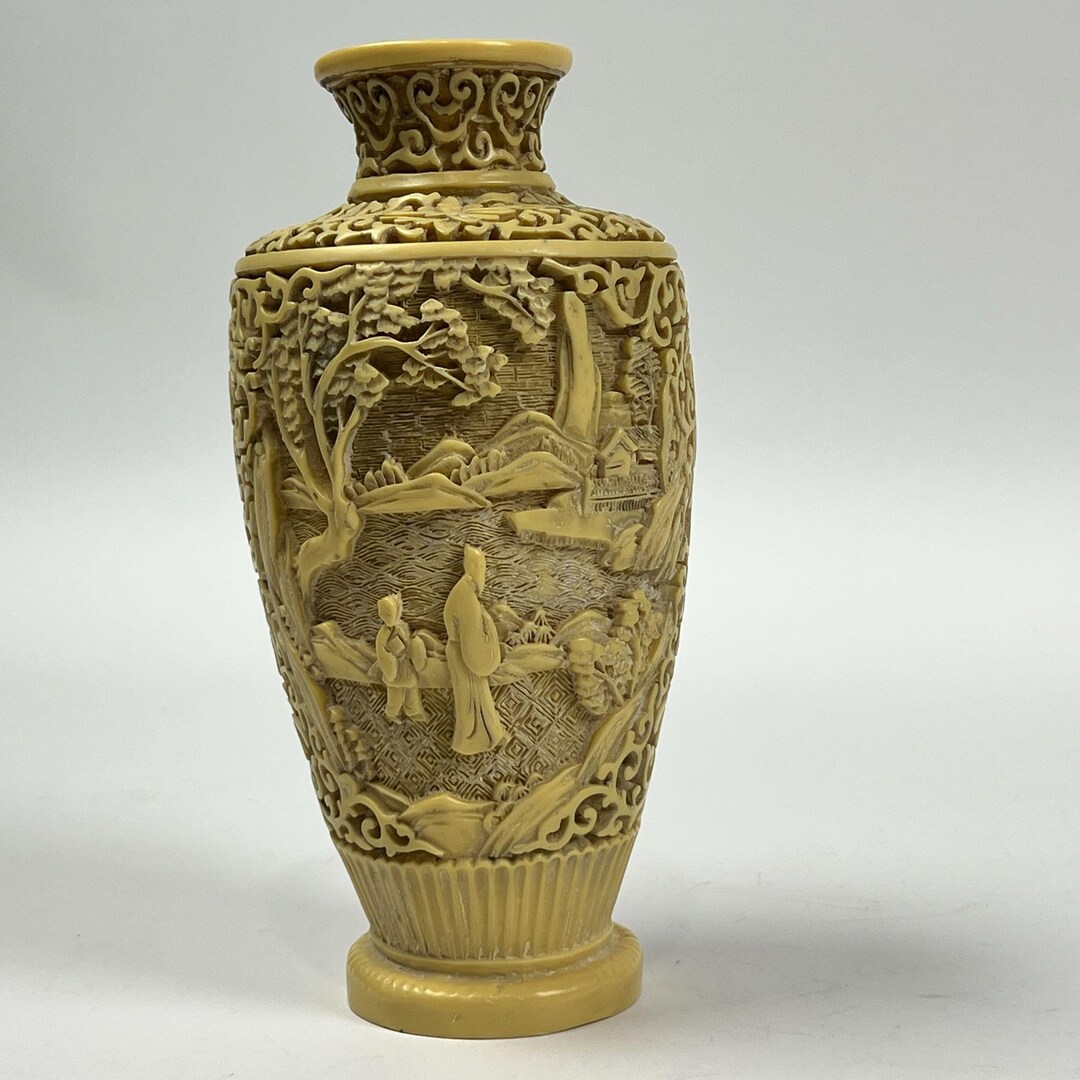 Vintage Intricately Carved Yellow Soapstone 8.5" Vase W/scenic ...