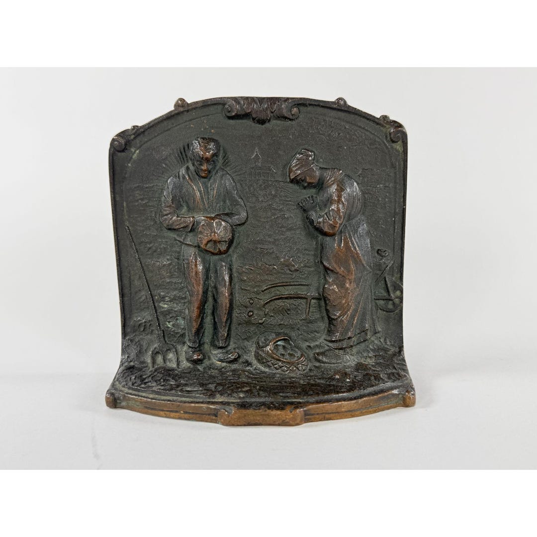 Solid Bronze Angelus Farmer Wife Praying Harvest Single Bookend Statue ...