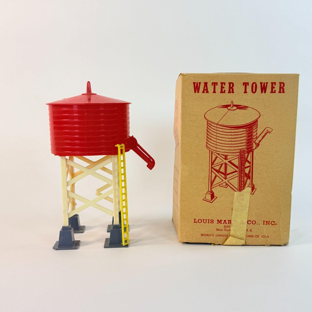 Vintage Marx Water Tower #65 Plastic Toy Red Yellow 1950s Model W/box ...