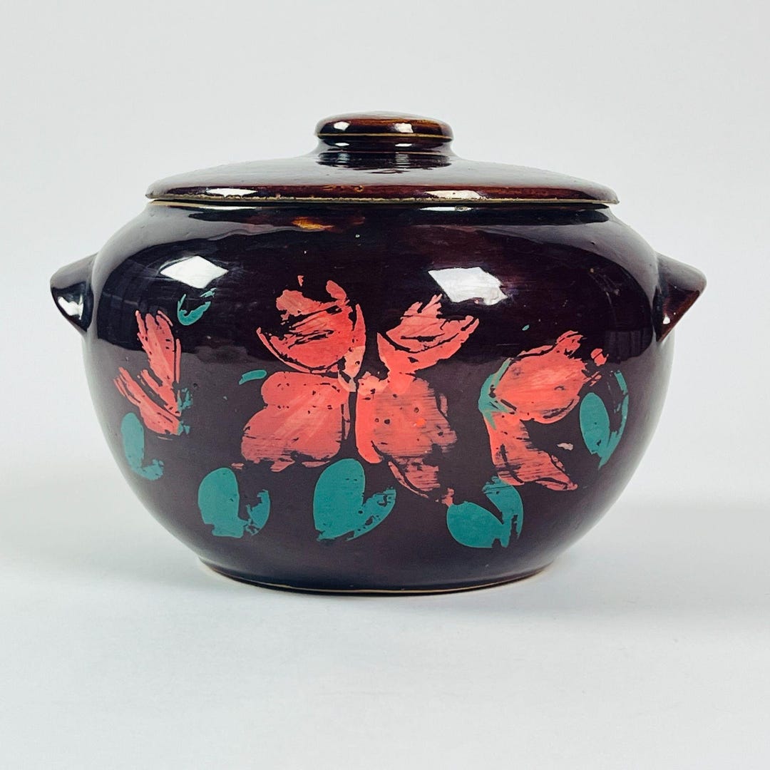 Vintage Ceramic Bean Pot With Lid & Handles Floral Design USA - Etsy