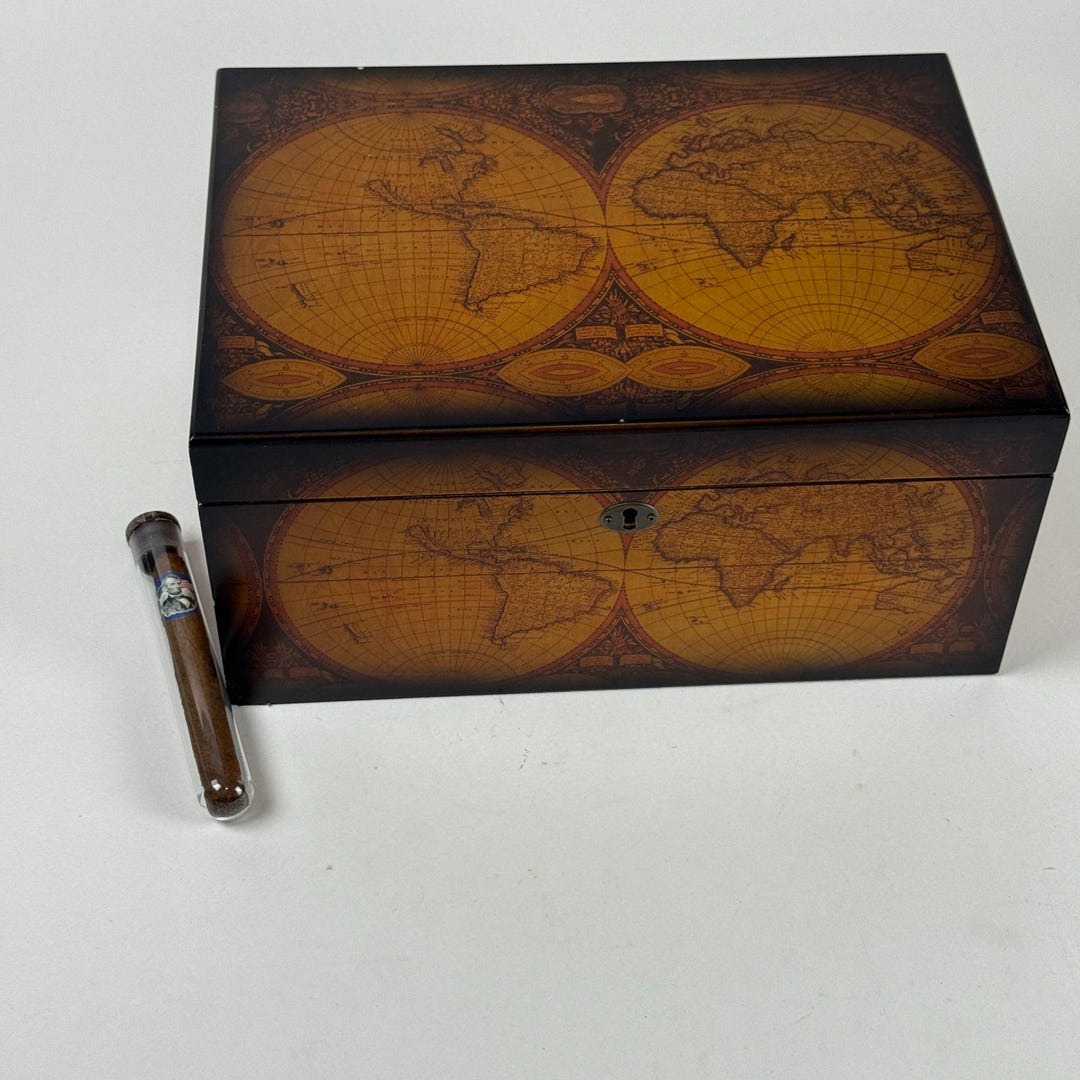 Vintage Map Wood Cigar Humidor Box No Key 13.5" Lockable Storage Chest ...