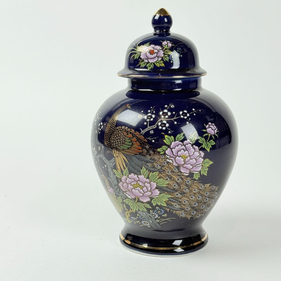 Hand Painted Porcelain Ginger Jar & Lid With Peacock Floral Design ...