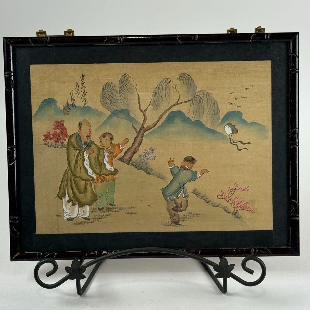 Vintage Chinese Silk Rice Paper Painting 13"x 17" Qiu Ying Style Bamboo ...