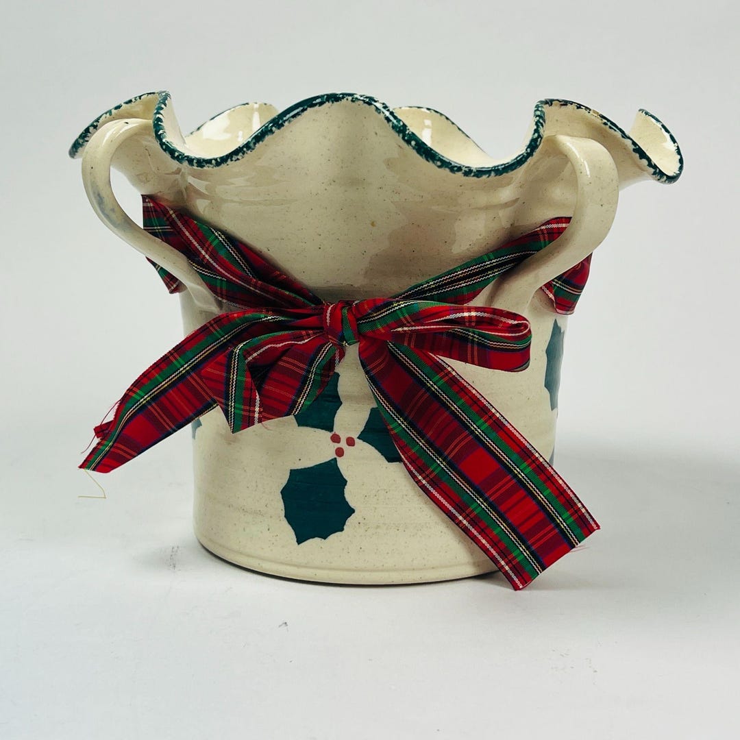 Vintage Three Rivers Pottery 1988 Ruffled Holly Design Vase With Plaid ...