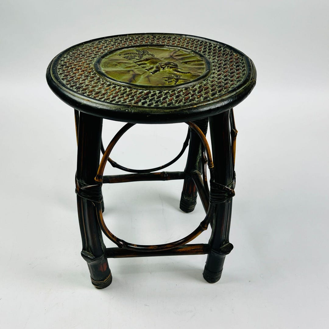 Vintage Bamboo Stool With Elephant & Palm Tree Design - Etsy