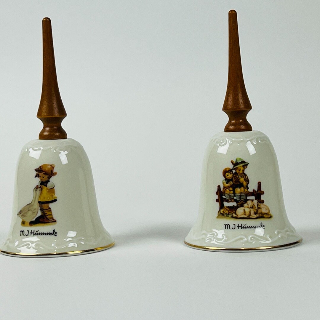 Vintage M.J. Hummel Porcelain & Wood Bells Goose Girl Eventide Set of 2 ...