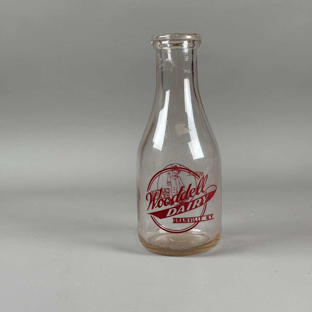 Vintage Wooddell Dairy Glass Milk Bottle 1 Pint Red Graphics Granville ...