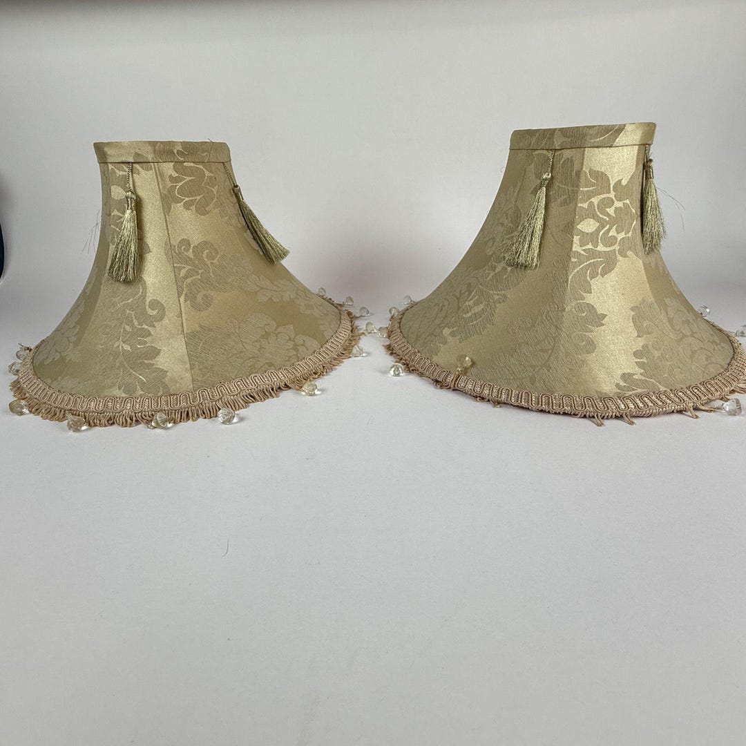 Vintage Gold Damask Lamp Shades Pair Tassel Fringe Beaded Trim Lighting ...