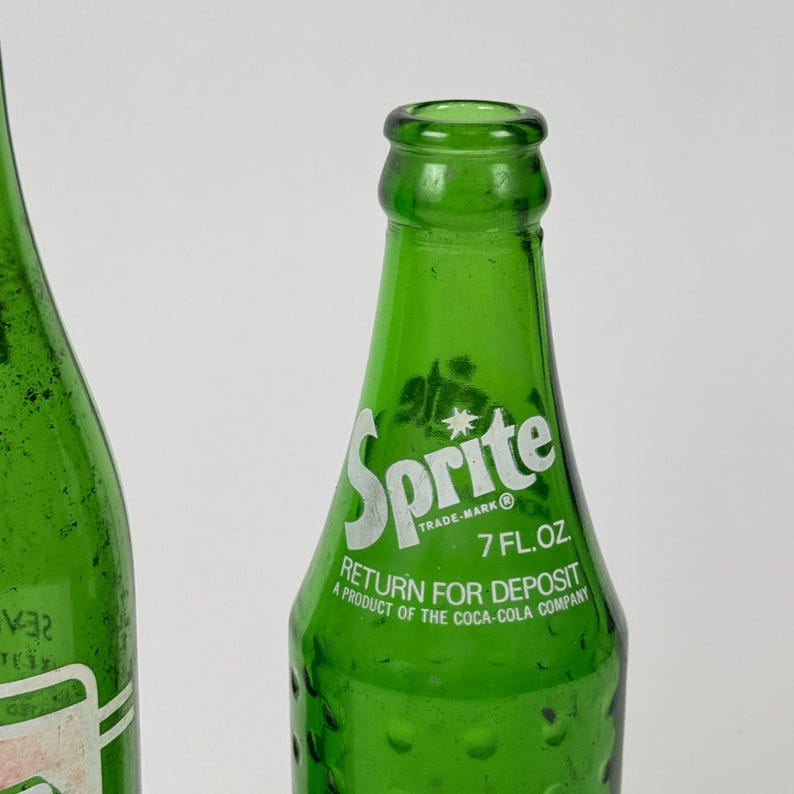 Vintage 7up & Sprite Glass Soda Bottles, Retro Barware Display - Etsy