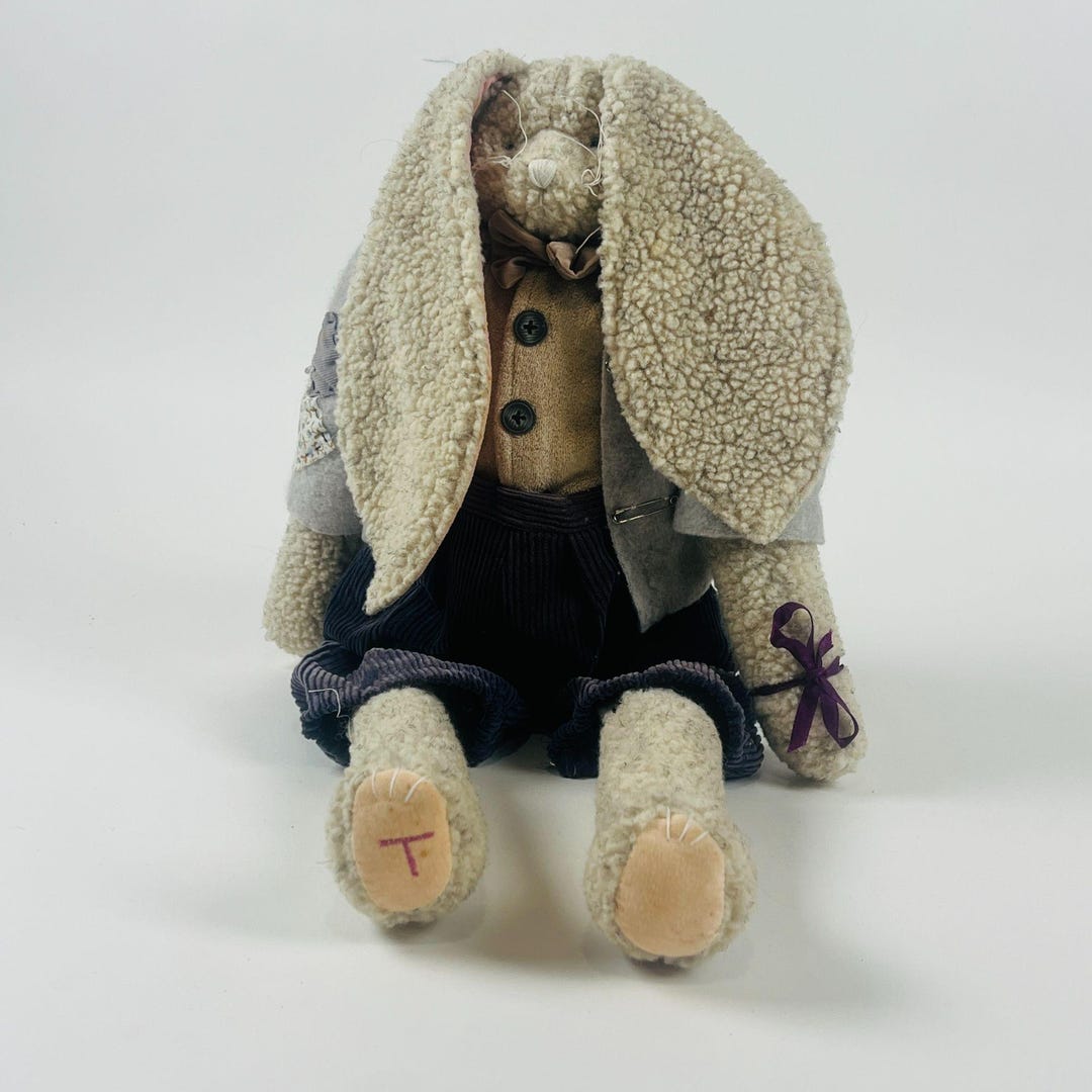 Vintage Handmade Stuffed Bunny Plush Toy With Corduroy Pants & Sherpa ...