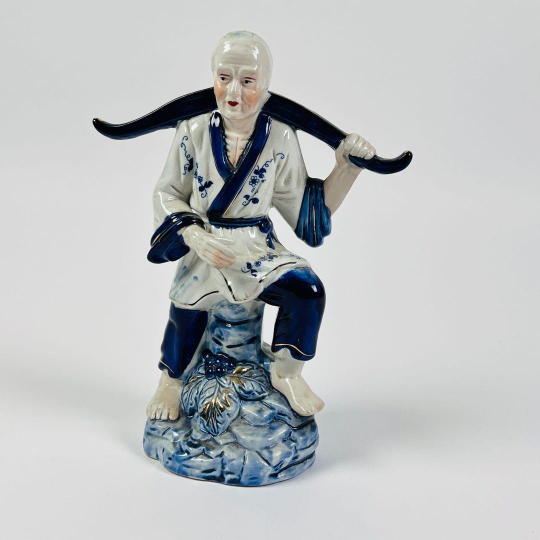 Vintage Porcelain Asian Figurine Blue White Robe Warrior Hand Painted ...