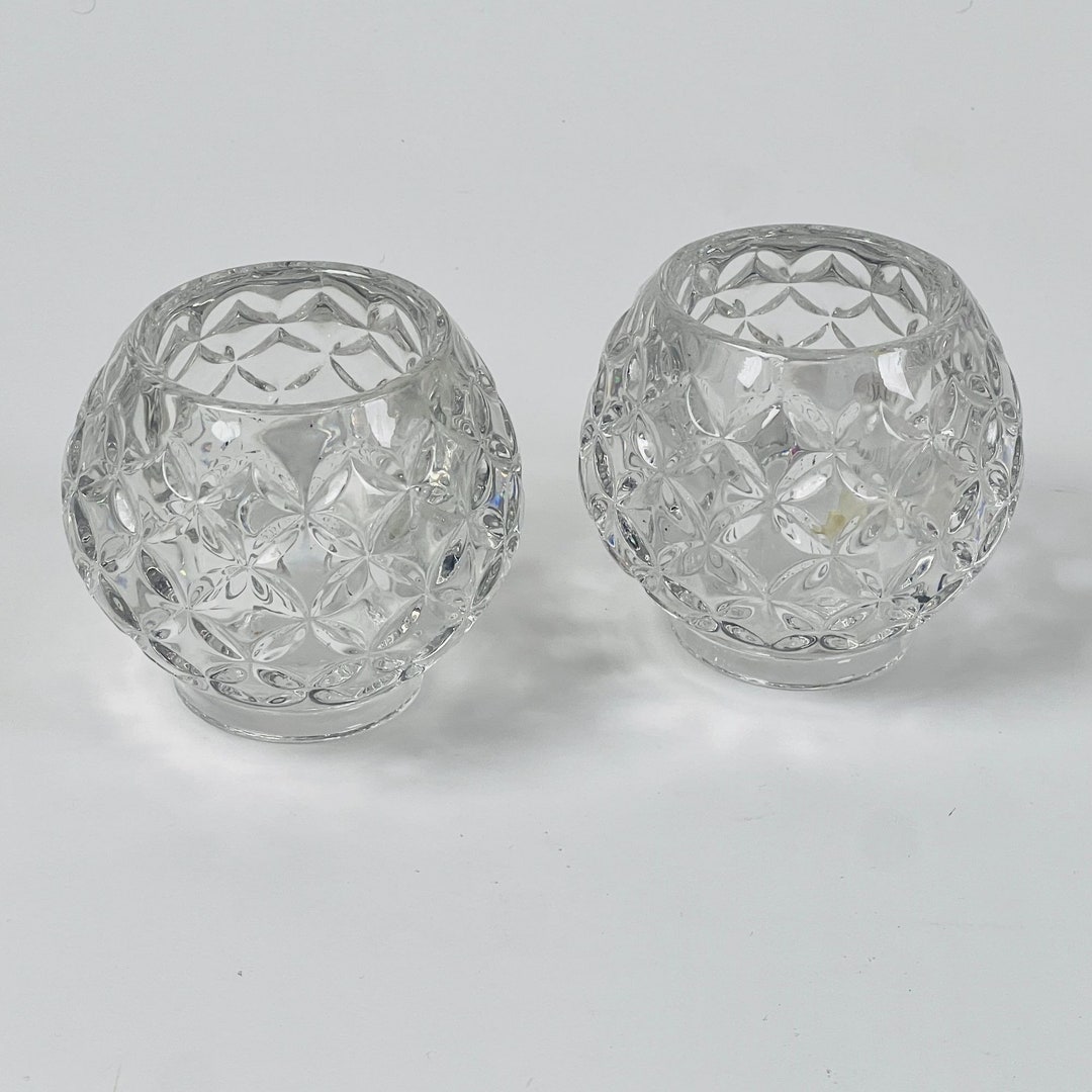 Crystal Ball Diamond Pattern Cut Glass Votive Candle Holder 3.75" Hi 4 ...