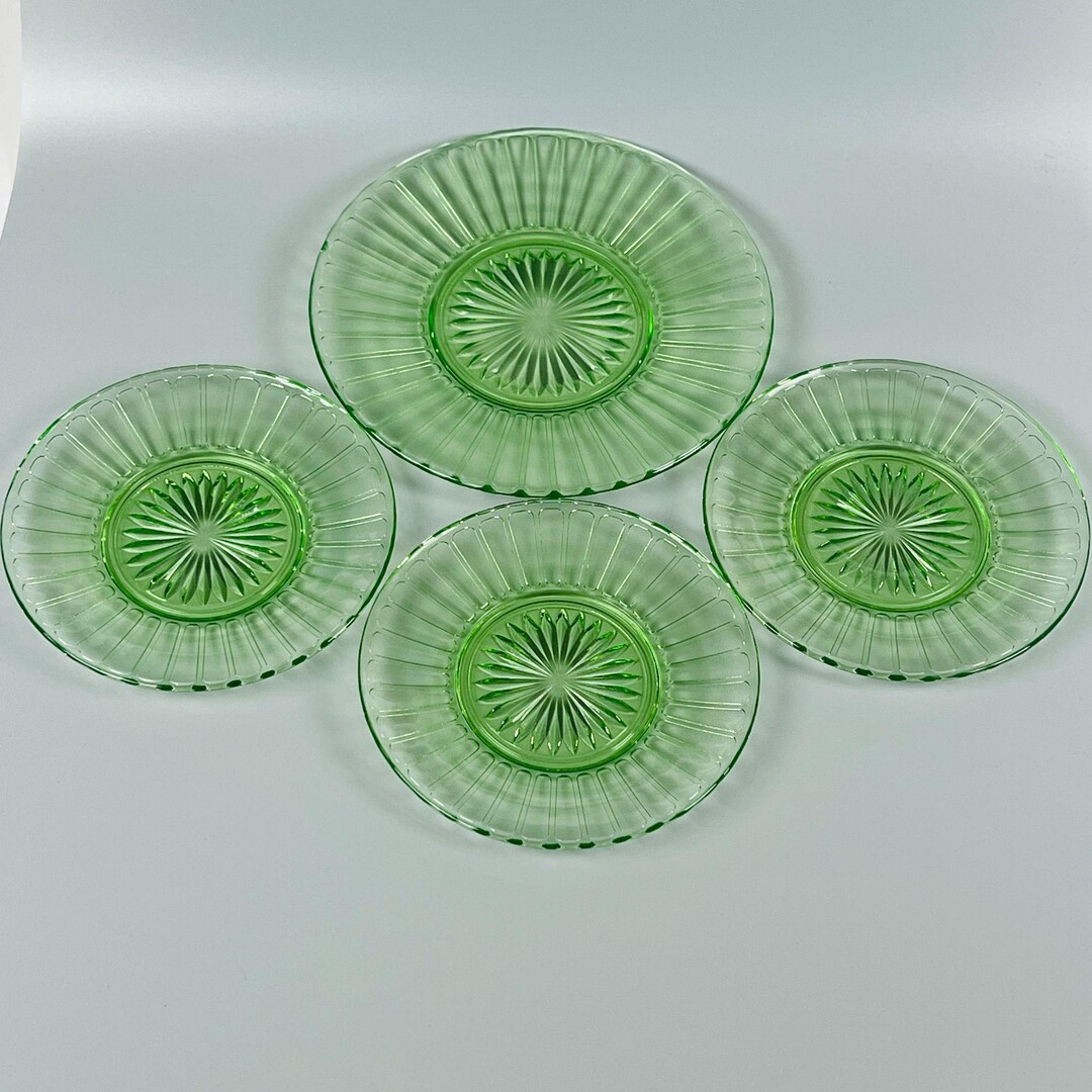 Vintage Hazel Atlas Pillar Saucers Vaseline Glass 1 Salad Plate 3 Bread ...