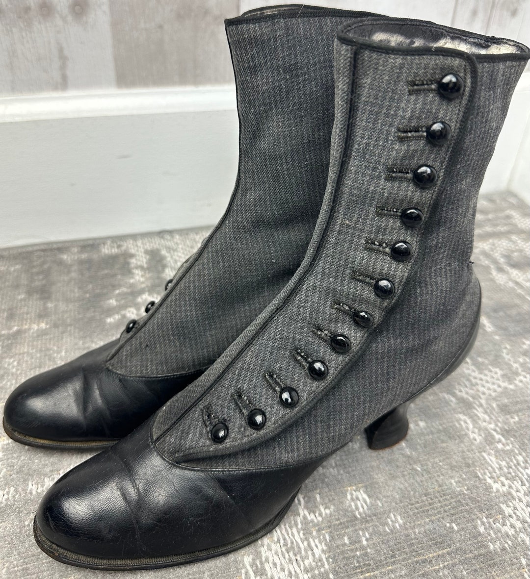 1900s Edwardian Button Boots~2tone Black Gray Pinstripe Spool Heel ...