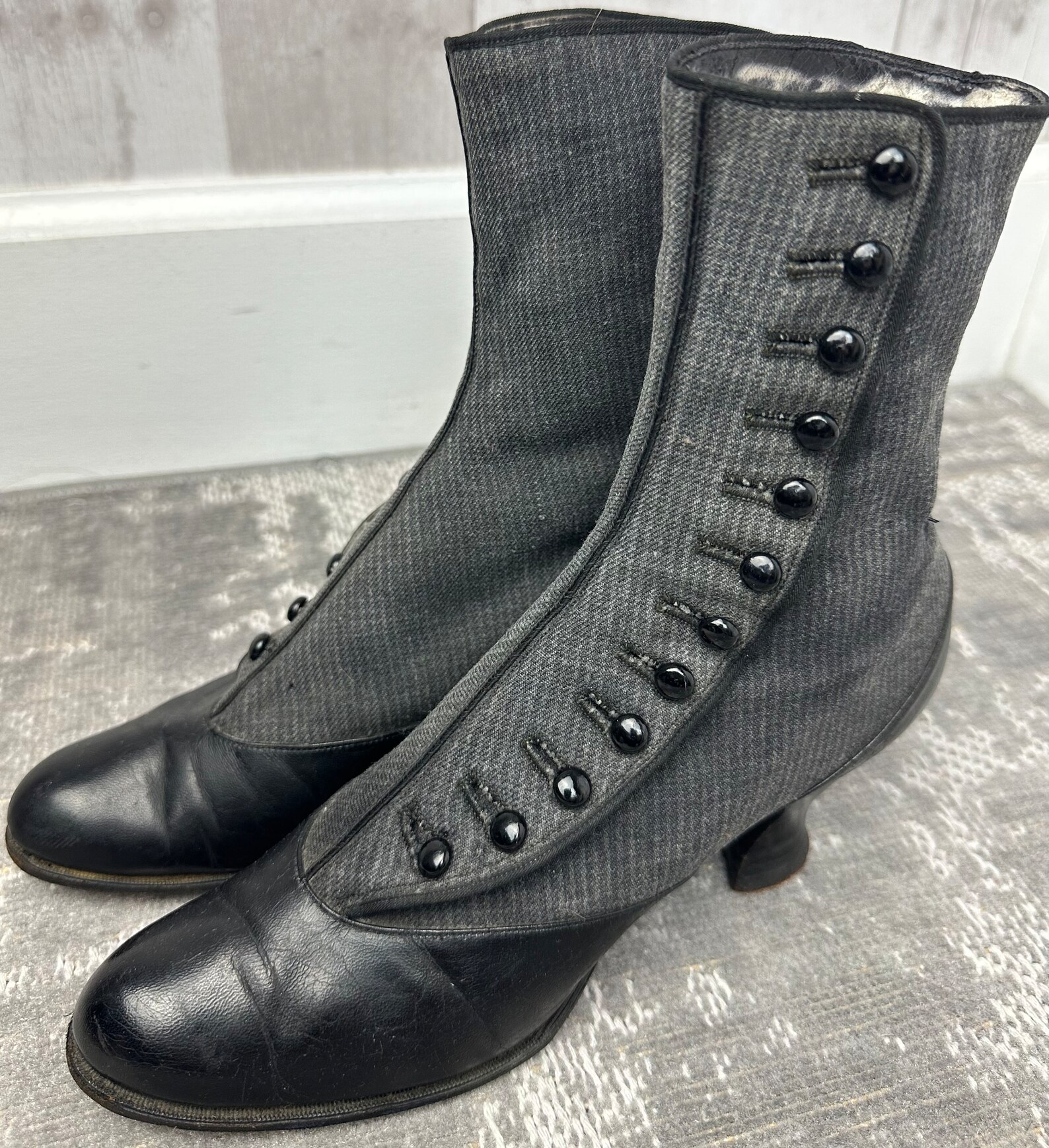 1900s Edwardian Button Boots2tone Black Gray Pinstripe Spool Heel ...