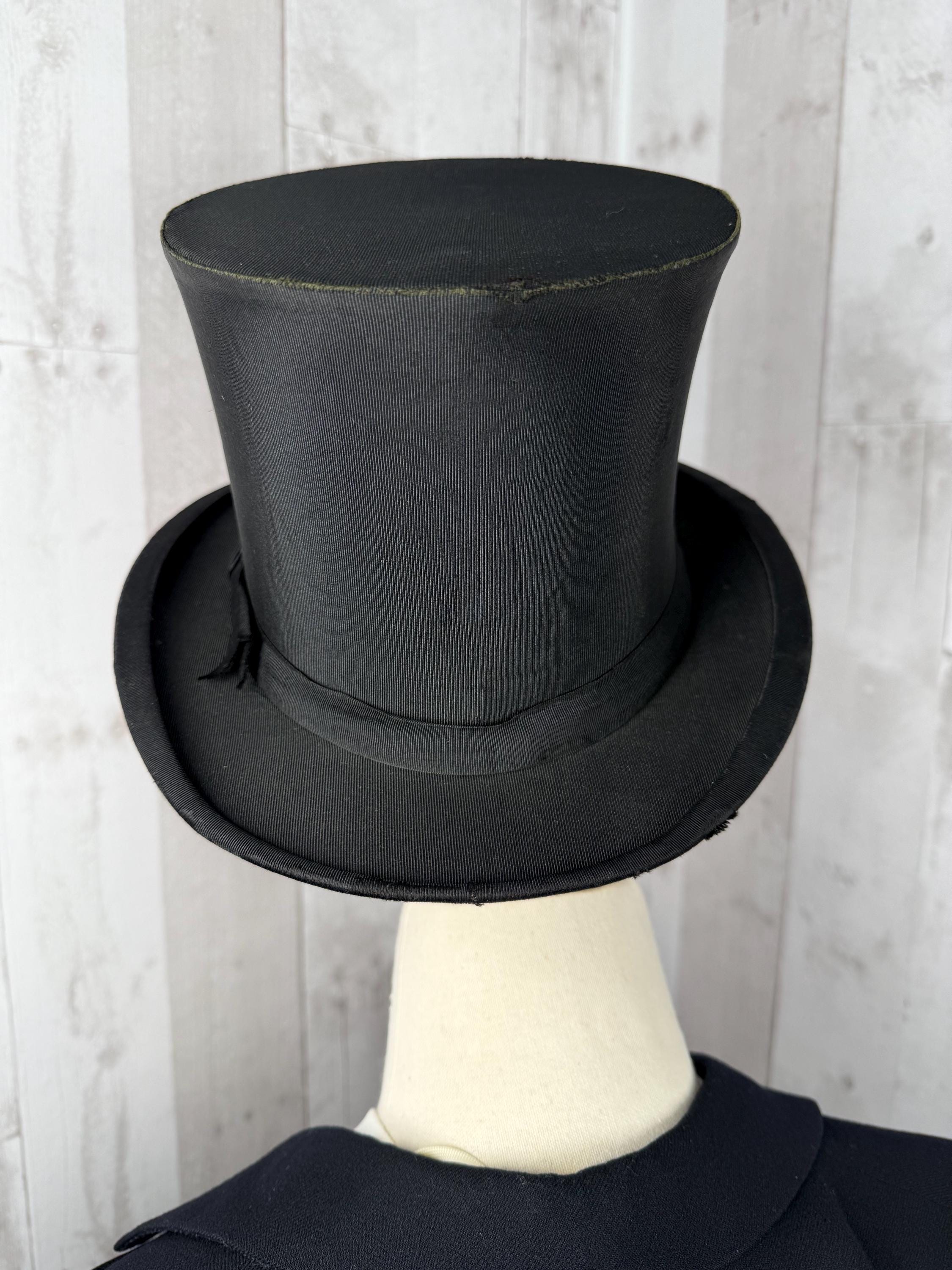 1900s Edwardian Collapsible TOP HAT Inky Black Wool Unisex 8” Opening ...
