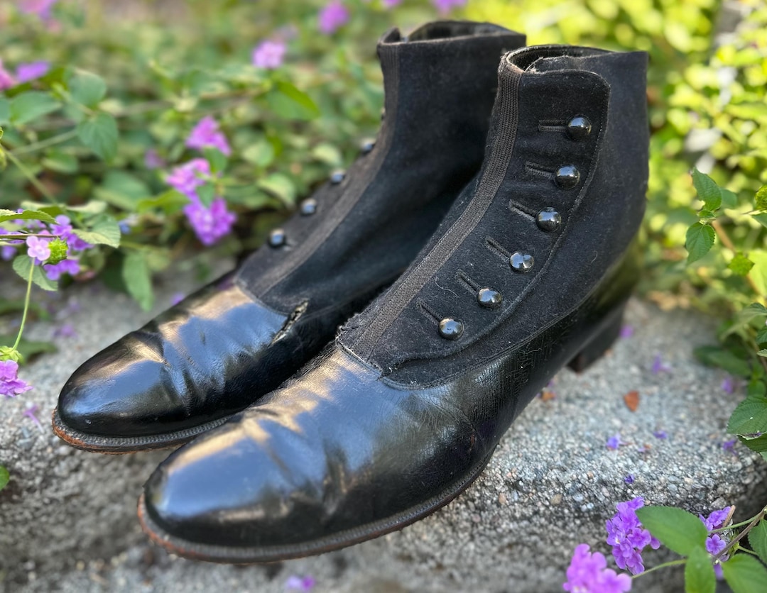 1910s Mens Antique Edwardian Button Boots ~ Smooth Black Leather Unisex ...