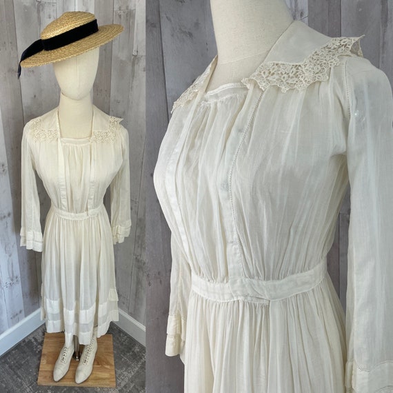 1910s Edwardian Day Dress Antique Ivory Batiste Cotto… - Gem