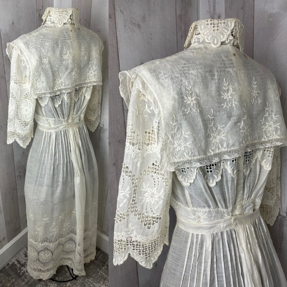 1910s Edwardian Dress~Sheer Ivory Eyelet Batiste Cott… - Gem