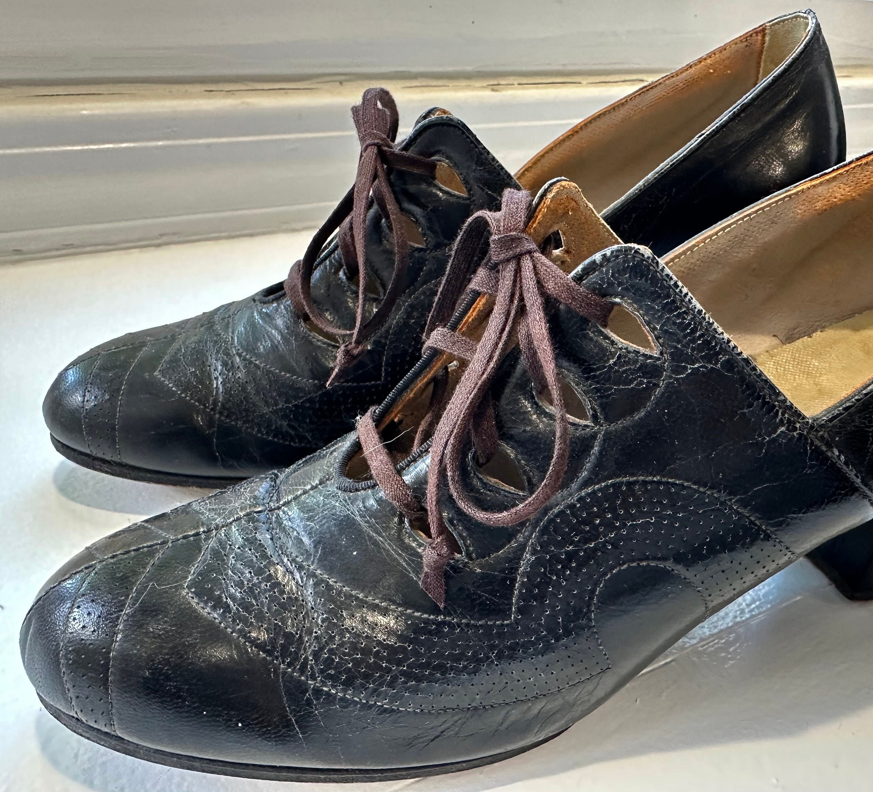 Antique Edwardian Shoes Black Leather Lace-up Oxford Granny Heels 9 ...