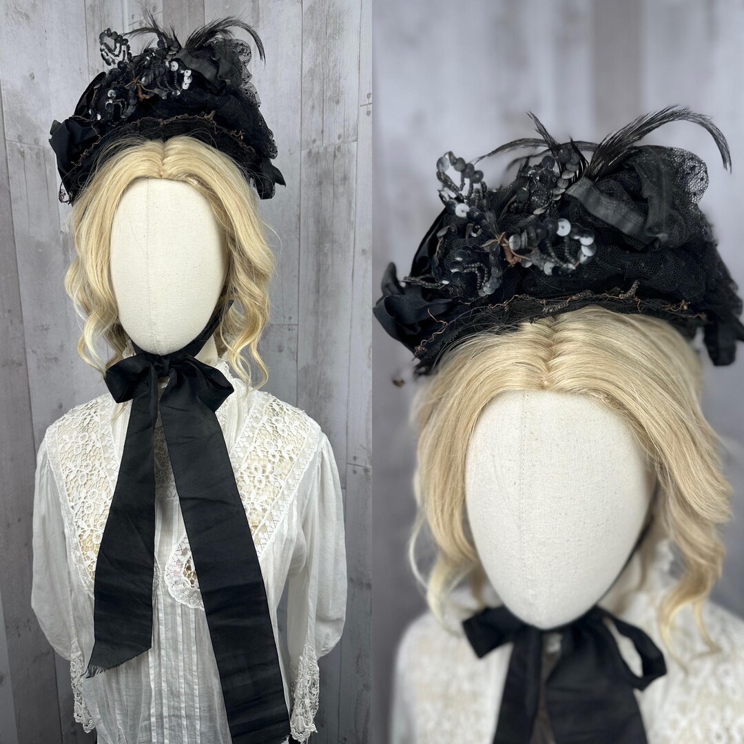 C1880-1890s Victorian French Fashion HAT Inky Black Straw Bun Bonnet W ...